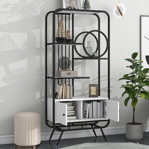 vikozalk Bookcase with Storage Cabinet, Free Standing Open Book Shelves Storage Display Shelf with Black Metal Frame, Tall Bookshelf for Bedroom Living Room Home Office, 31.5" L x 11.6" W x 70.9" H