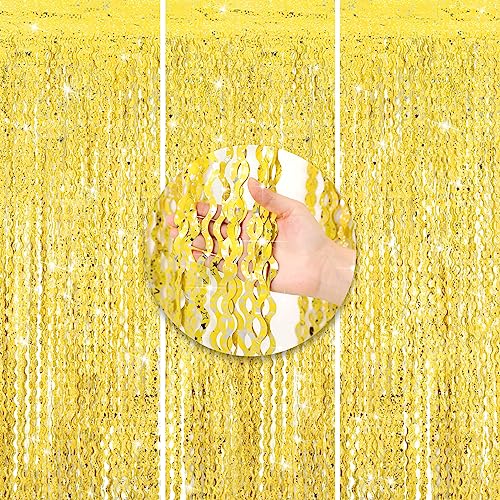 3 Pcs Fringe Curtain Backdrop,3.3 x 6.6 ft Wave Streamers Tinsel Metallic Curtains Photo Backdrop Streamers for Mermaid Birthday Under Sea Ocean Themed Party Decorations (Gold)