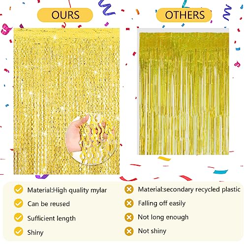 3 Pcs Fringe Curtain Backdrop,3.3 x 6.6 ft Wave Streamers Tinsel Metallic Curtains Photo Backdrop Streamers for Mermaid Birthday Under Sea Ocean Themed Party Decorations (Gold)