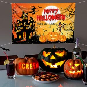 Halloween Party Decorations, Large Fabric Halloween Backdrop Pumpkin Lantern Cemetery Gate Spooky Night Banner Orange Moon Pumpkin Castle for Scary Halloween Party Supplies (Orange)