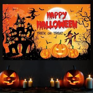 Halloween Party Decorations, Large Fabric Halloween Backdrop Pumpkin Lantern Cemetery Gate Spooky Night Banner Orange Moon Pumpkin Castle for Scary Halloween Party Supplies (Orange)