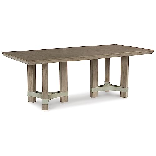 Benjara 84 Inch Rectangular Gray Dining Table, Pedestal Base, Metal Stretchers