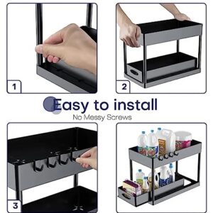 Lowery House 2-Tier Under Sink Organizer - Multifunctional Sliding Storage Countertop Kitchen - Hanging Cups and Hooks - Rust Free & Easy to Assemble