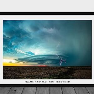 Storm Photography Print (Not Framed) Picture of Supercell Thunderstorm with Lightning Bolt on Spring Evening in Kansas Weather Wall Art Nature Decor (8" x 10")