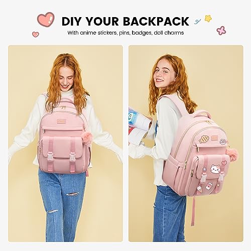 LOVEVOOK Cute Backpack Purse for 14-16 Year Olds, Fit 15.6 Inch Laptop Fashion Backpack for Women, Lightweight Waterproof Casual Backpack for College Essential, Durable Travel Daypack, Pink