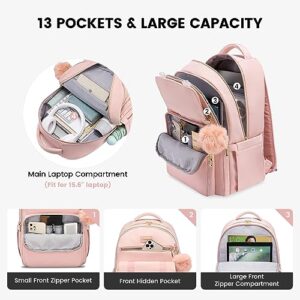 LOVEVOOK Cute Backpack Purse for 14-16 Year Olds, Fit 15.6 Inch Laptop Fashion Backpack for Women, Lightweight Waterproof Casual Backpack for College Essential, Durable Travel Daypack, Pink