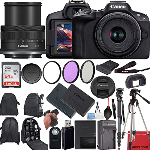 Canon EOS R50 4K Video Mirrorless Camera with RF-S 18-45mm f/4.5-6.3 is STM Lens and 20 Essential Accessories for Content Creators (Renewed), Black