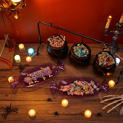 JOYIN 3 Witches Cauldron Serving Bowls, 2 Purple Candy Discs, a Black Metal Shelf with 3 Hooks, 6 PCS Halloween Party Decoration Set Black Plastic Candy Bucket Cauldron Bowls, for Halloween Outdoor and Indoor Decor