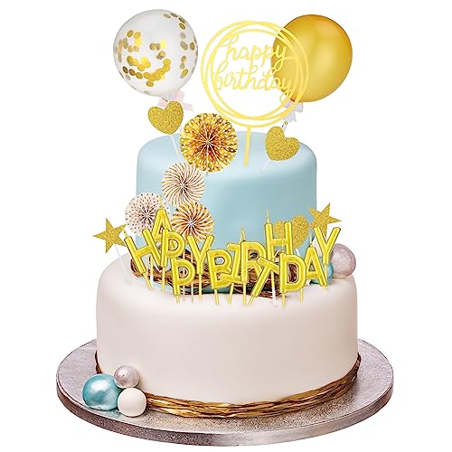 FRIUSATE 30 PCS Birthday Candles Set Gold Confetti Cake Topper Decoration with Happy Birthday Candles Sign Paper Fans Balloon Glitter Star Cupcake Topper for Gold Theme Party Decor