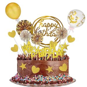 FRIUSATE 30 PCS Birthday Candles Set Gold Confetti Cake Topper Decoration with Happy Birthday Candles Sign Paper Fans Balloon Glitter Star Cupcake Topper for Gold Theme Party Decor