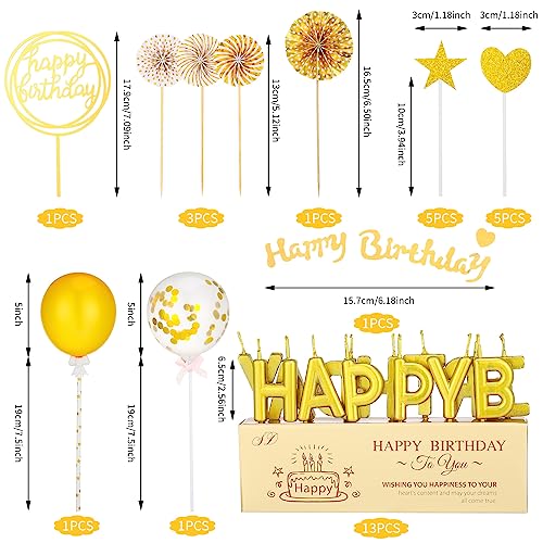 FRIUSATE 30 PCS Birthday Candles Set Gold Confetti Cake Topper Decoration with Happy Birthday Candles Sign Paper Fans Balloon Glitter Star Cupcake Topper for Gold Theme Party Decor