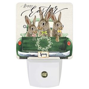 led night light, plug-in, dusk to dawn sensor, easter green truck pull rabbits eucalyptus leaves wreath decorative nightlight for bedroom, bathroom, nursery, hallway, kitchen, stairs, kids room