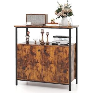 globalway industrial buffet storage cabinet, coffee bar cabinet with 1 open shelf, 2 doors & 3 interior shelves, freestanding floor cabinet for kitchen, dining room, cafe, rustic brown