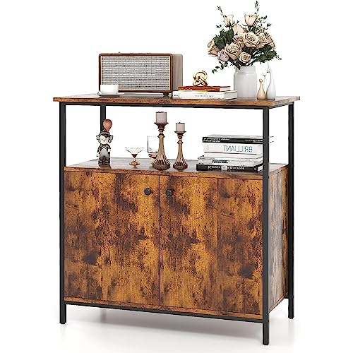 GLOBALWAY Industrial Buffet Storage Cabinet, Coffee Bar Cabinet with 1 Open Shelf, 2 Doors & 3 Interior Shelves, Freestanding Floor Cabinet for Kitchen, Dining Room, Cafe, Rustic Brown