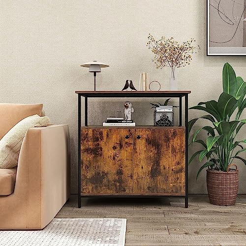 GLOBALWAY Industrial Buffet Storage Cabinet, Coffee Bar Cabinet with 1 Open Shelf, 2 Doors & 3 Interior Shelves, Freestanding Floor Cabinet for Kitchen, Dining Room, Cafe, Rustic Brown