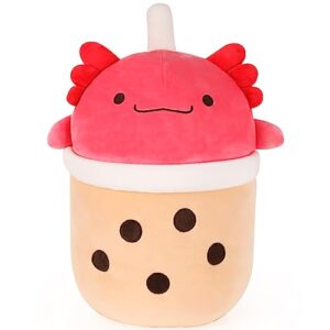 MMguai 14 inch Cute Big Axolotl Boba Tea Plush Soft Hugging Pillow,Large Red Pearl Milk Tea Stuffed Animals Toy Doll for Kids Birthday,Valentine,Christmas,Halloween 