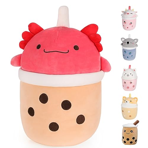 MMguai 14 inch Cute Big Axolotl Boba Tea Plush Soft Hugging Pillow,Large Red Pearl Milk Tea Stuffed Animals Toy Doll for Kids Birthday,Valentine,Christmas,Halloween 