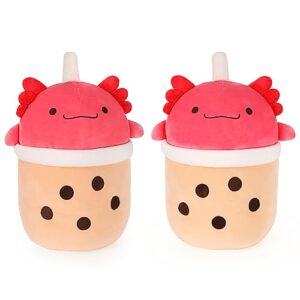 MMguai 14 inch Cute Big Axolotl Boba Tea Plush Soft Hugging Pillow,Large Red Pearl Milk Tea Stuffed Animals Toy Doll for Kids Birthday,Valentine,Christmas,Halloween 