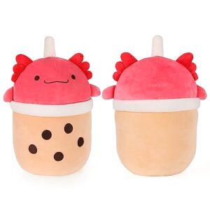 MMguai 14 inch Cute Big Axolotl Boba Tea Plush Soft Hugging Pillow,Large Red Pearl Milk Tea Stuffed Animals Toy Doll for Kids Birthday,Valentine,Christmas,Halloween 