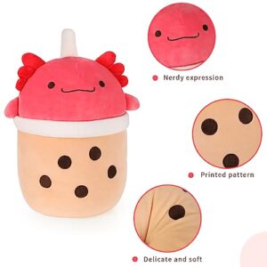 MMguai 14 inch Cute Big Axolotl Boba Tea Plush Soft Hugging Pillow,Large Red Pearl Milk Tea Stuffed Animals Toy Doll for Kids Birthday,Valentine,Christmas,Halloween 