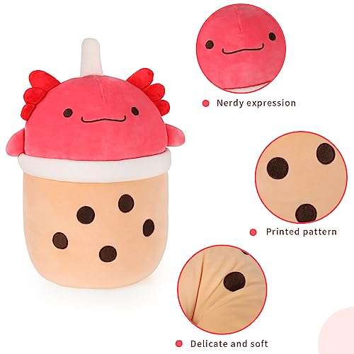 MMguai 14 inch Cute Big Axolotl Boba Tea Plush Soft Hugging Pillow,Large Red Pearl Milk Tea Stuffed Animals Toy Doll for Kids Birthday,Valentine,Christmas,Halloween 