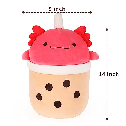 MMguai 14 inch Cute Big Axolotl Boba Tea Plush Soft Hugging Pillow,Large Red Pearl Milk Tea Stuffed Animals Toy Doll for Kids Birthday,Valentine,Christmas,Halloween 