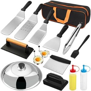 griddle accessories kit, 16pcs flat top grill griddle tools set for blackstone and camp chef, professional grill spatula set with basting cover, spatula, scraper, tongs for outdoor bbq and camping