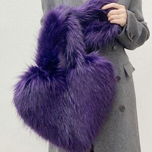 Women's Faux Fur Shoulder Purse Fleece Love Bag Heart Shape Y2k Crossbody Bag Chic Handbag Shoulder Bag