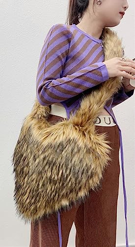 Women's Faux Fur Shoulder Purse Fleece Love Bag Heart Shape Y2k Crossbody Bag Chic Handbag Shoulder Bag