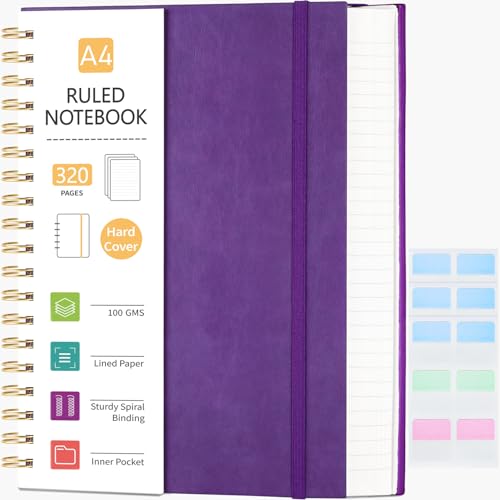 Hardcover Spiral Notebook, College Ruled Notebook Journal with 320 Pages, 8.5''×11'' Lined Journaling for Women Men, A4 Leather Writing Journals for Work, School, Office, 18pcs Index Tabs, Purple