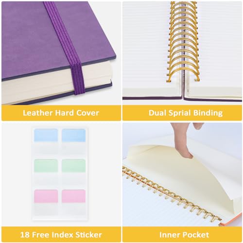 Hardcover Spiral Notebook, College Ruled Notebook Journal with 320 Pages, 8.5''×11'' Lined Journaling for Women Men, A4 Leather Writing Journals for Work, School, Office, 18pcs Index Tabs, Purple