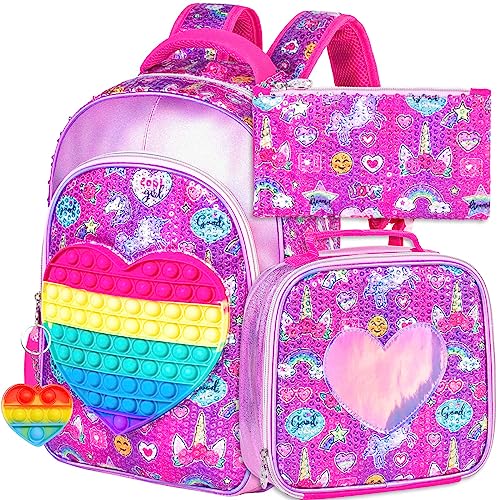 CCJPX Girls Backpack, 16" Kids Unicorn Bookbag and Lunch Box for Elementary School Toddler Kindergarten Preschool Purple