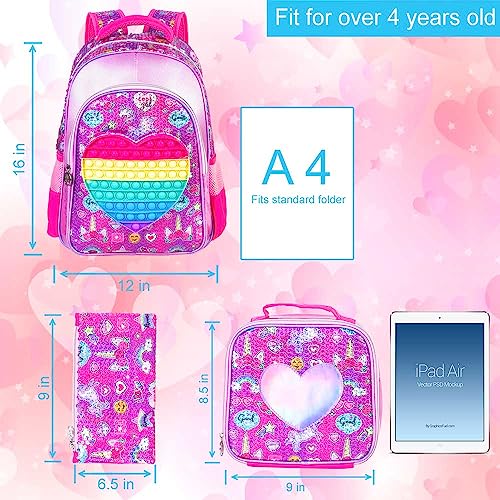 CCJPX Girls Backpack, 16" Kids Unicorn Bookbag and Lunch Box for Elementary School Toddler Kindergarten Preschool Purple