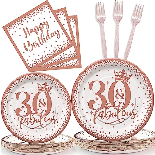 GREPARPY 30th Birthday Decorations Women Tableware - Rose Gold 30 And Fabulous Birthday Decorations Dinnerware, Thirty Birthday Plate, Napkin, Fork, Her 30-Year-Old Birthday Party Supplies | Serve 24