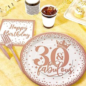 GREPARPY 30th Birthday Decorations Women Tableware - Rose Gold 30 And Fabulous Birthday Decorations Dinnerware, Thirty Birthday Plate, Napkin, Fork, Her 30-Year-Old Birthday Party Supplies | Serve 24