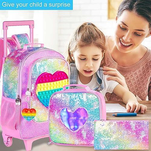 CCJPX 3PCS Kids Rolling Backpack for Girls, Unicorn Roller Wheeled Bookbag Toddler Elementary School Bag with Wheels Pink