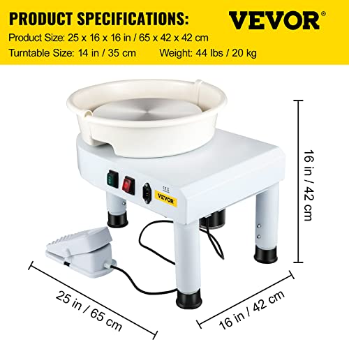 VEVOR Pottery Wheel, 0-300RPM Speed 0-7.8in Lift Table Electric Clay, 14in Ceramic Forming Machine Foot Pedal Detachable Basin Sculpting Tool Accessory Kit for Work Home Art Craft DIY, White