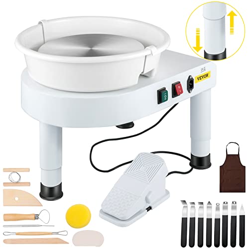 VEVOR Pottery Wheel, 0-300RPM Speed 0-7.8in Lift Table Electric Clay, 14in Ceramic Forming Machine Foot Pedal Detachable Basin Sculpting Tool Accessory Kit for Work Home Art Craft DIY, White