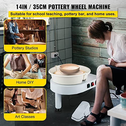 VEVOR Pottery Wheel, 0-300RPM Speed 0-7.8in Lift Table Electric Clay, 14in Ceramic Forming Machine Foot Pedal Detachable Basin Sculpting Tool Accessory Kit for Work Home Art Craft DIY, White