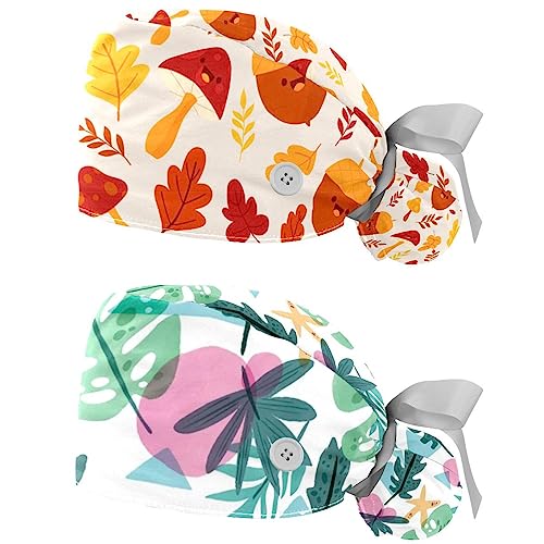 Scrub Cap Women, 2 Packs Lovely Acorn & Leaves Bouffant Hat with Ponytail Pouch, Cotton Working Hat Sweatband