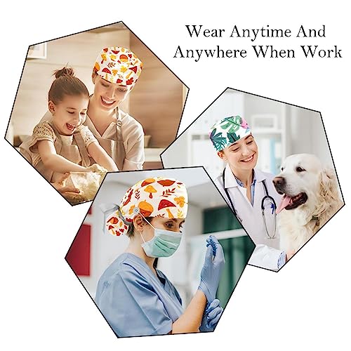 Scrub Cap Women, 2 Packs Lovely Acorn & Leaves Bouffant Hat with Ponytail Pouch, Cotton Working Hat Sweatband