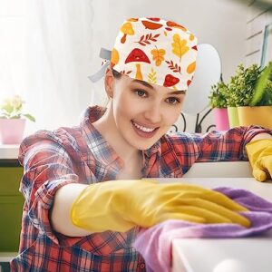 Scrub Cap Women, 2 Packs Lovely Acorn & Leaves Bouffant Hat with Ponytail Pouch, Cotton Working Hat Sweatband