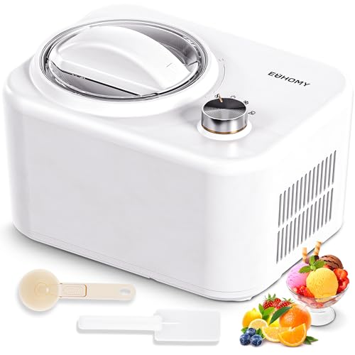 EUHOMY 1 Quart Auto Ice Cream Maker with Compressor, No Pre-freezing, 3 Modes Gelato Maker, Keep Cool Function, Easy-to-Clean, Frozen Yogurt Machine for Ice Cream/Frozen Yogurt/Gelato. (White)