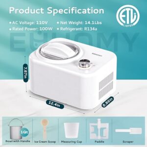 EUHOMY 1 Quart Auto Ice Cream Maker with Compressor, No Pre-freezing, 3 Modes Gelato Maker, Keep Cool Function, Easy-to-Clean, Frozen Yogurt Machine for Ice Cream/Frozen Yogurt/Gelato. (White)