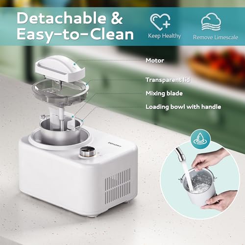 EUHOMY 1 Quart Auto Ice Cream Maker with Compressor, No Pre-freezing, 3 Modes Gelato Maker, Keep Cool Function, Easy-to-Clean, Frozen Yogurt Machine for Ice Cream/Frozen Yogurt/Gelato. (White)