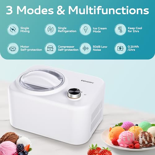 EUHOMY 1 Quart Auto Ice Cream Maker with Compressor, No Pre-freezing, 3 Modes Gelato Maker, Keep Cool Function, Easy-to-Clean, Frozen Yogurt Machine for Ice Cream/Frozen Yogurt/Gelato. (White)