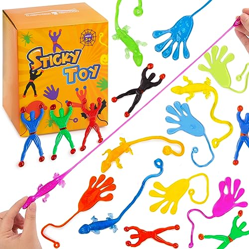 LovesTown 48PCS Sticky Toys for Kids, Stretchy Sticky Toys Including 16PCS Sticky Wall Climbers 16PCS Sticky Hands 16PCS Stretchy Lizards for Kids Goodie Bag Stuffers Treasure Box Classroom Prize