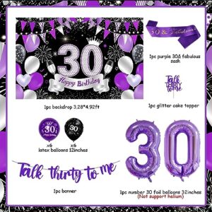 Balterever Talk Thirty to Me Birthday Decorations 30th Birthday Decorations Purple for Women with Talk Thirty to Me Banner Cake Topper 30th Birthday Backdrop 30& Fabulous Sash For Funny 30th Birthday