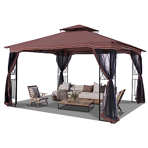 GARTOO 11'x13' Outdoor Patio Gazebo - Porch Gazebo with Polyester Roof & Breathable Netting, Best for Garden, Lawn, Backyard Deck (Chocolate)