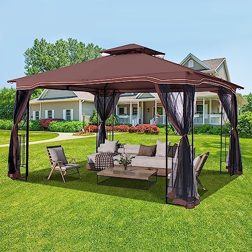 GARTOO 11'x13' Outdoor Patio Gazebo - Porch Gazebo with Polyester Roof & Breathable Netting, Best for Garden, Lawn, Backyard Deck (Chocolate)